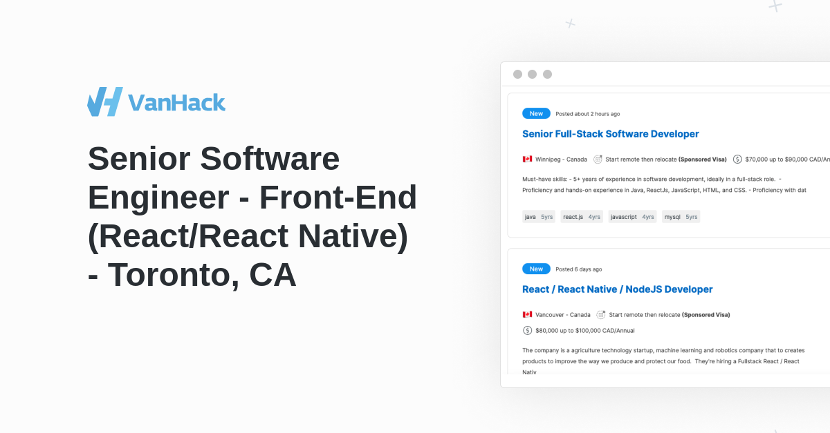 Senior Software Engineer - Front-End (React/React Native) - Toronto, CA - VanHack